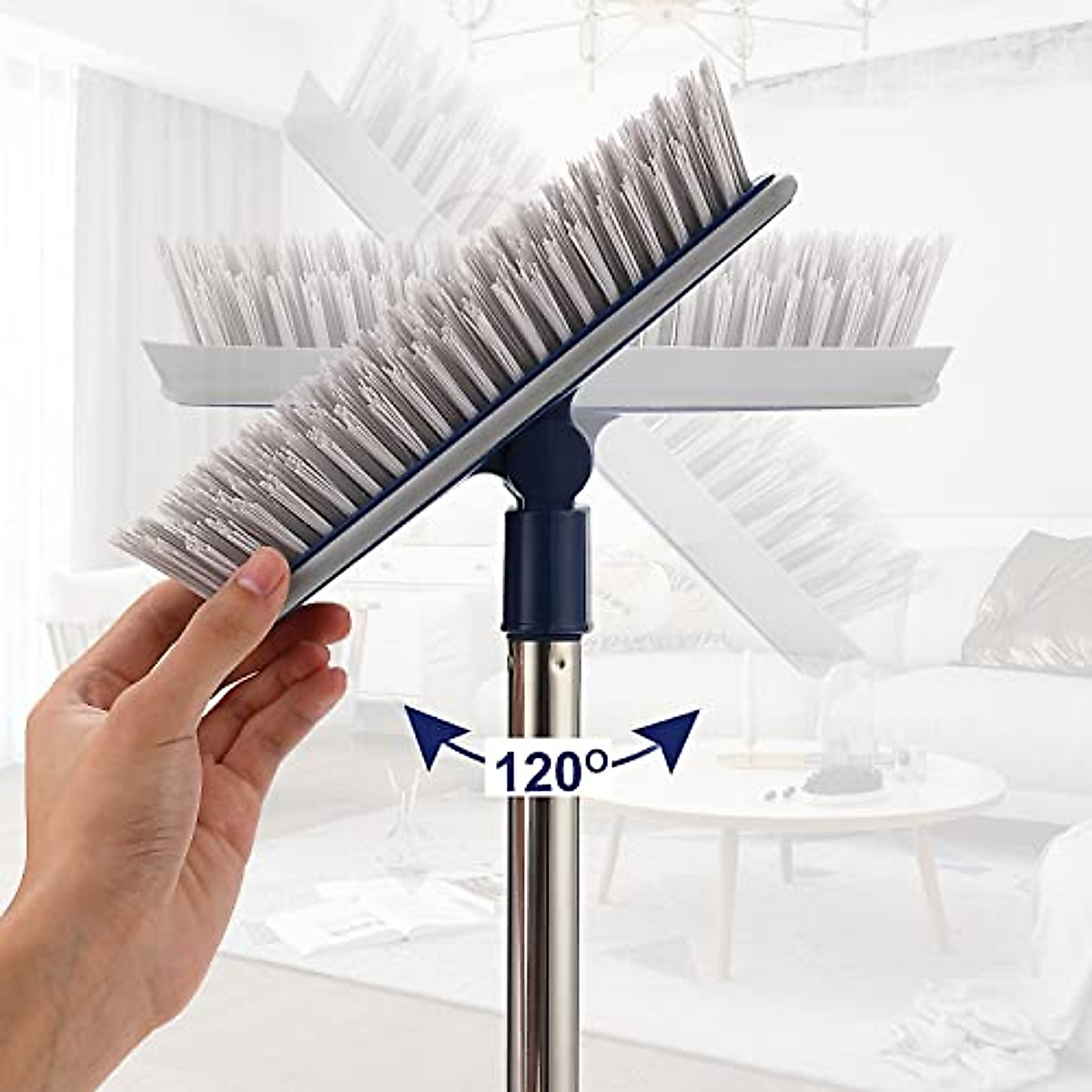 2 in 1 Swivel Grout Brush with 57.8" Long Handle,120°Rotatable Floor Scrub Brush,Shower Grout Scrubber for Tile Floors Kitchen Bathroom,Crevice Squeegee V-Shaped Corner Brush for Hard to Reach Areas