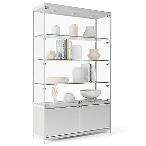 Displays2go 48" Retail Showcase, 7 LED Lights, Storage, Lockable Swinging Doors - Silver (LESC4816SB)