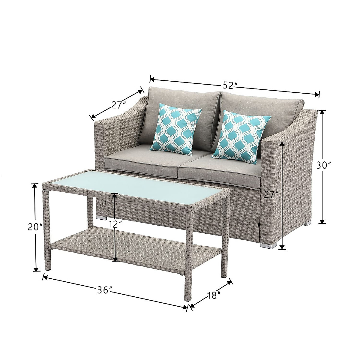 COSIEST 2-Piece Patio Furniture Set, All-Weather Outdoor Wicker Loveseat Conversation Set w Warm Gray Cushions, Glass Coffee Table, 2 Teal Pattern Pillows for Deck, Backyard, Pool
