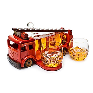 Firetruck Whiskey Decanter with Two 12 oz Glasses Gift Firefighter Gifts, Fireman, Fireman Figurine, Police Gifts, Fire Department Gifts, Gift for Firefighters ! 600ml 13" L 6" H Gifts for Dad