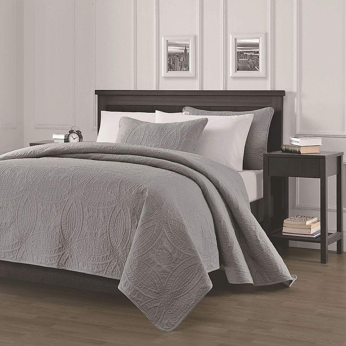 Chezmoi Collection Austin 3-Piece Oversized Bedspread Coverlet Set (King, Gray)