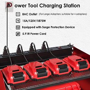 TLGREEN Power Tool Organizer Wall Mount with Charging Station, 4 Drill Holder Built in 8 Outlet Power Strip, Tools and Battery Storage Rack, for Tool Room, Garage Organization, Workshop