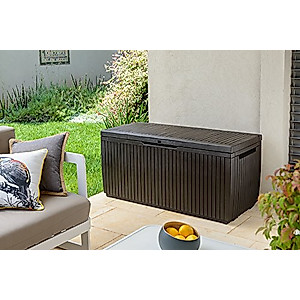 Keter Springwood 80 Gallon Resin Outdoor Storage Box for Patio Furniture Cushions, Pool Toys, and Garden Tools with Handles