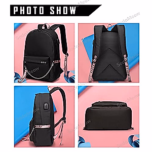 SodaMeow Anime Backpack for School Bag Nezuko Bookbag Tanjiro Kimetsu no Yaiba, Free Keychain, with USB Charging Port (Black-B)