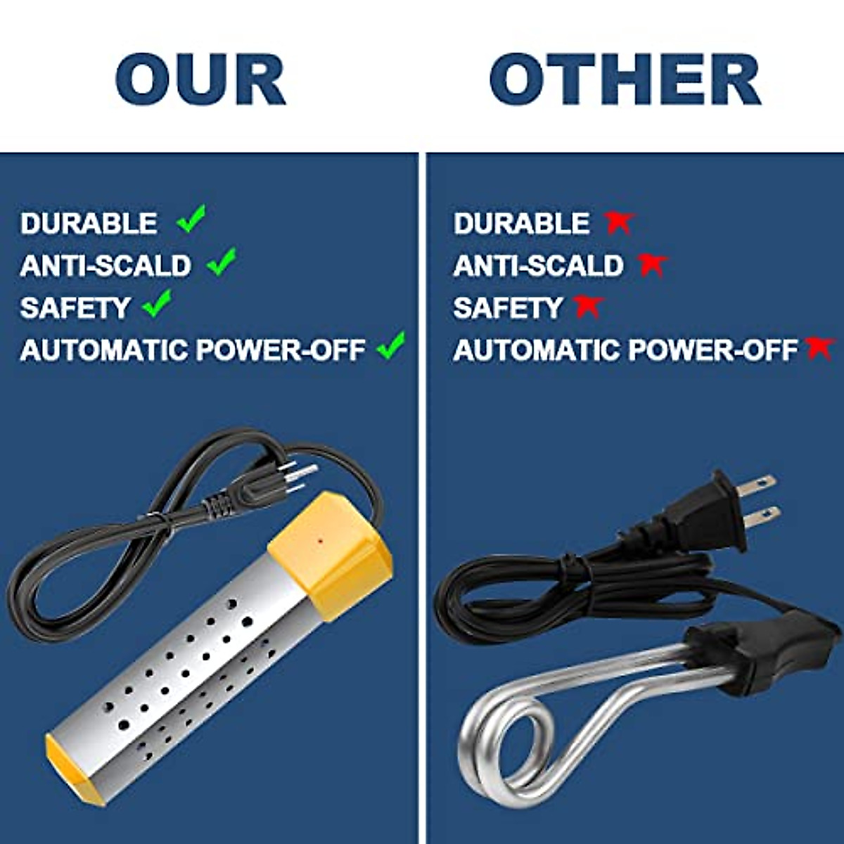 MUFUN Immersion Water Heater, 2000W Automatic Power Off Portable Pool Heater, Recirculating Heated Bath Heater with 304 Stainless-Steel Guard, Bucket Heater for Travel Camping Hot Bathtub Mini Inflata