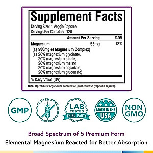 Terranics Magnesium Complex 500mg, 120 Veg Capsules, 55mg of Elemental Magnesium per Capsule, Better Absorption, Sleep, Muscle, Heart Health, Vegan, Non-GMO