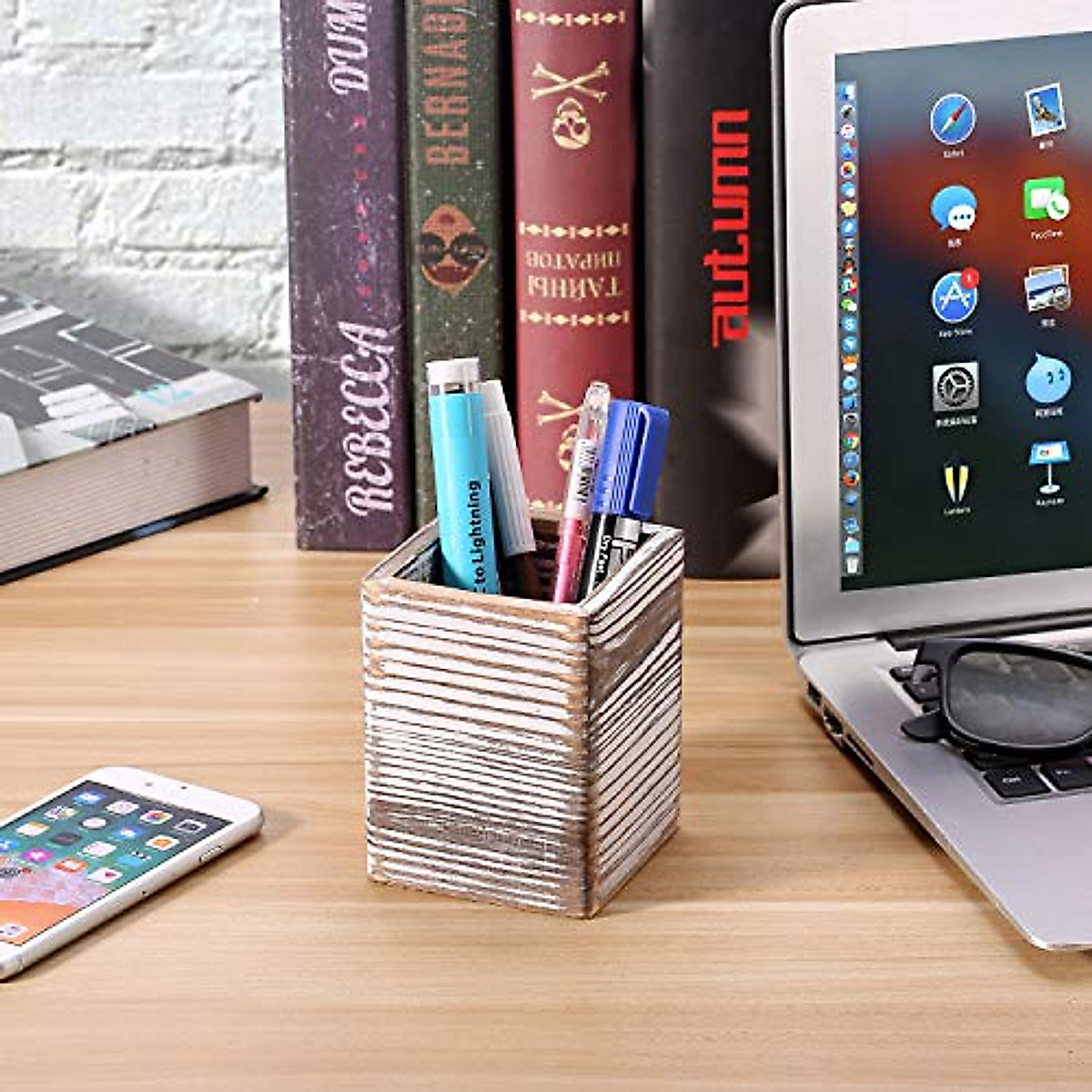 Homode Rustic Pen Holder, Wooden Pencil Holder for Desk, Decorative White Square Pen Cup Holder Organizer, Farmhouse Office Supplies and Home Desk Accessories