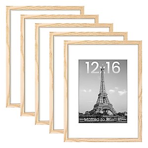 upsimples 12x16 Picture Frame Set of 5, Display Pictures 8.5x11 with Mat or 12 x 16 Without, Wall Gallery Poster Frames, Natural