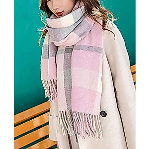 Wander Agio Women's Fashion Scarves Long Shawl Winter Thick Warm Knit Large Plaid Scarf Pink Grey 2
