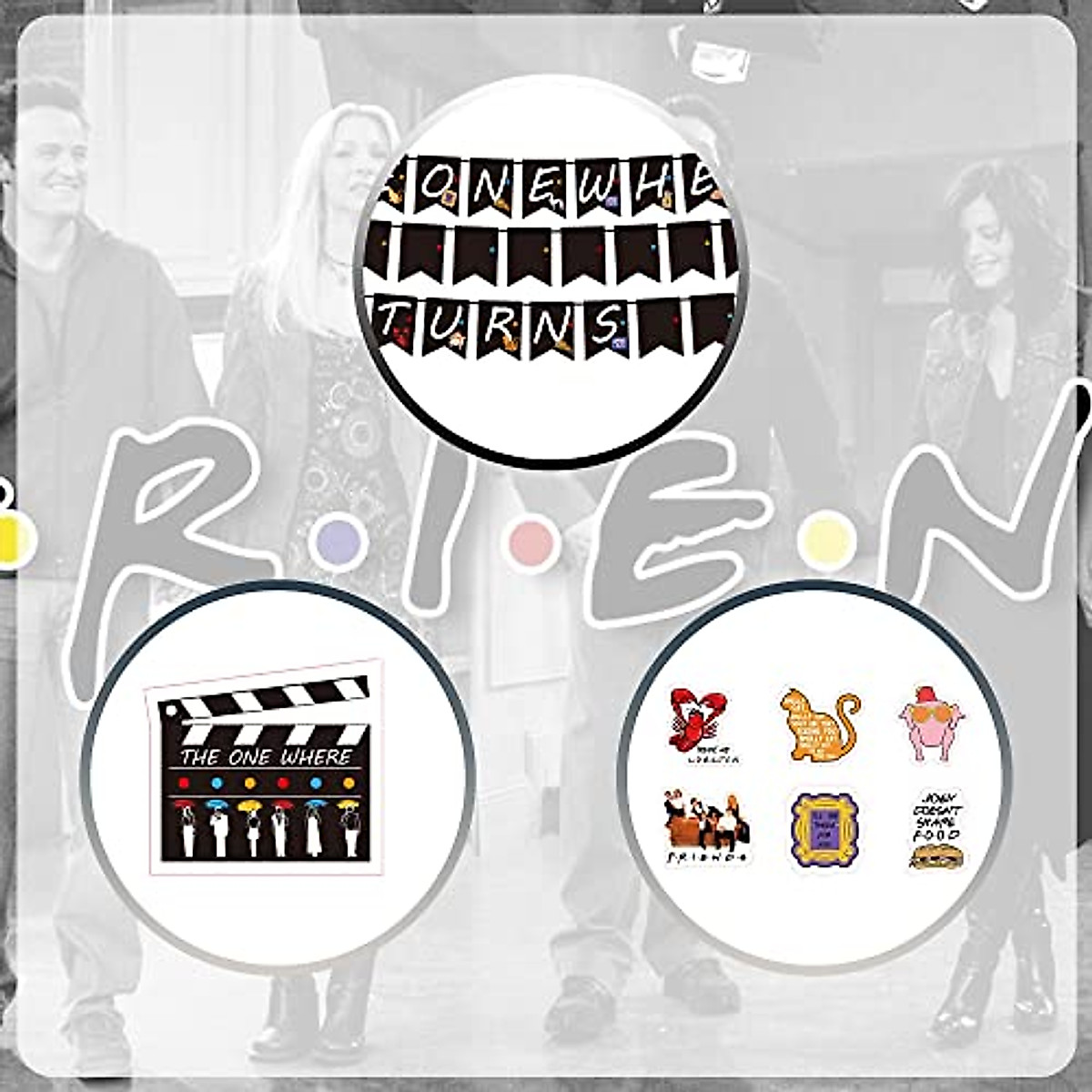 45Pcs Friends Themed Party Decorations Party Supplies Include Banners, Hanging Swirls, Whiteboard Pens, Cake Toppers, Birthday Party Decorations for Friends Fans