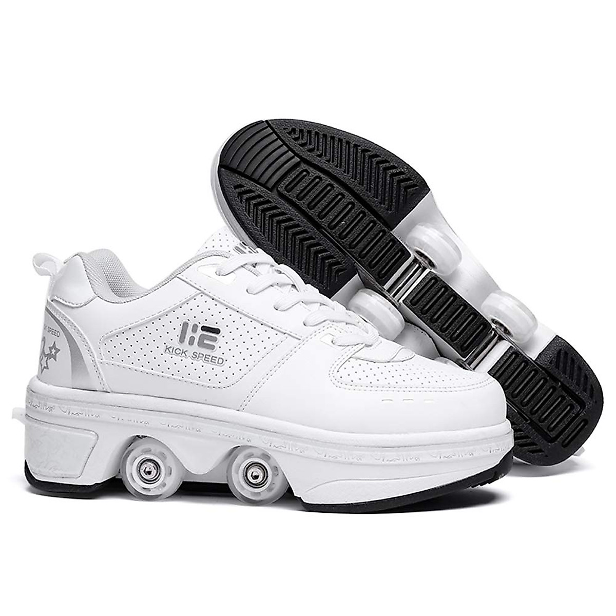 KOFUBOKE 2-in-1 Roller Skates & Sneakers Unisex Retractable Wheels Outdoor Fun & Fitness Kick Roller Shoes (White Without Light, 8)