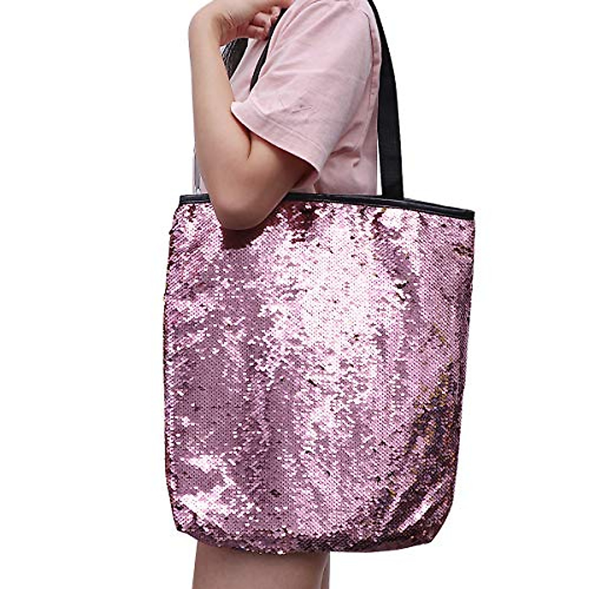 FENICAL Shoulder Bag Sequin Tote Bag Flippy Large Capacity Handbag Fashion Shopping Bag for Women - Pink+Golden