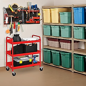 IRONMAX 3-Tier Rolling Tool Cart, 396LBS Heavy Duty Metal Utility Cart w/Lockable Universal Wheels, Storage Organizer Steel Service Cart for Garage, Office, Kitchen, Workshop, Repair Shop (Red)
