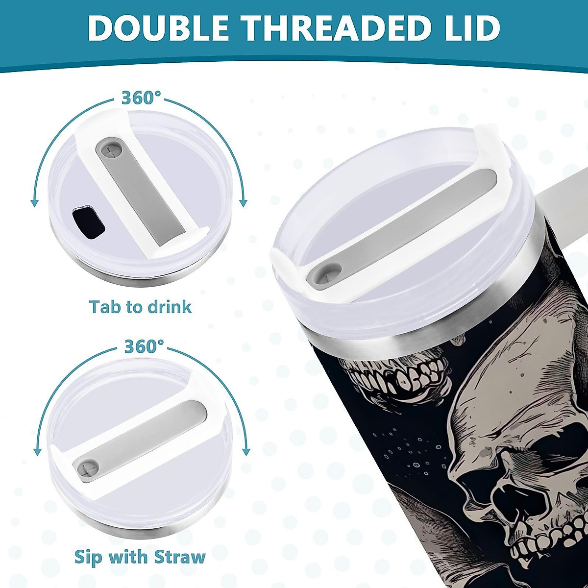 Nesatuwa 40 oz Gray Skull Tumbler with Handle and Straw Lid,Reusable Stainless Steel Vacuum Insulated Tumbler Leakproof Travel Coffee Mug for Iced and Hot Beverages