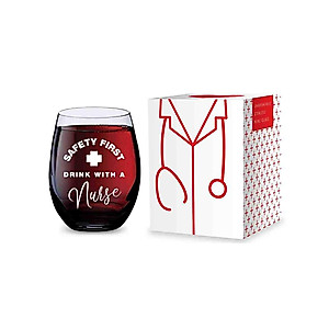 GSM Brands Stemless Wine Glass for Nurses (Safety First Drink With A Nurse) Made of Unbreakable Tritan Plastic - 16 ounces