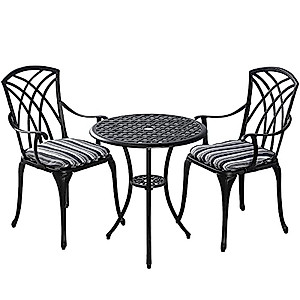 Kinger Home 3-Piece Outdoor Patio Bistro Table and Chair Set of 2, Cast Aluminum Patio Furniture with Cushion and Umbrella Hole, Black