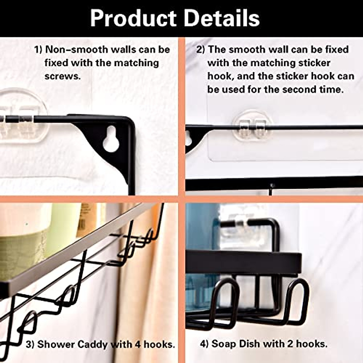 BALANDUKO Shower Caddy Shelf Bathroom Organizer 2 Pack with 2 Soap Dishes, Adhesive Shower Shelves Basket with 4 Hooks, 304 Rust Proof No Drilling Wall Mount Storage Accessories for Bathroom Kitchen
