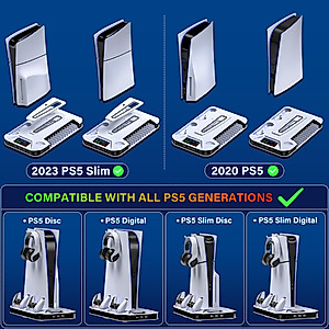 PS5/PS5 Slim Cooling Station with Controller Charging Station for Playstation 5 Slim&Standard Disc/Digital Console, PS5 Slim Stand Cooler Accessories Incl Cooling Fan/3 USB Hubs/Headset Holder/Screw
