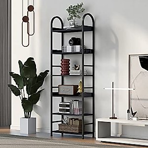 70.8 Inch Tall Bookshelf, 6-tier Bookcase Shelf with Round Top and Hooks, Metal Book Shelf Display Shelf Storage Organizer with MDF Boards & Adjustable Foot Pads for Living Room Home Office, Black