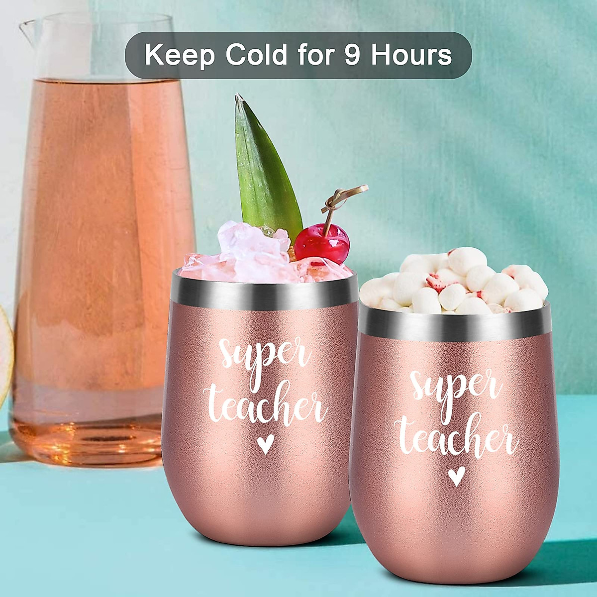 Super Teacher Stainless Steel Wine Tumbler, Christmas Birthday Appreciation Retirement Teacher’s Day Thank You Gifts for Teacher Tutor Professor Women, 12 oz Insulated Wine Tumbler with Lid, Rose Gold