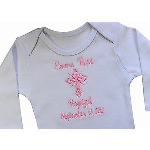 Funny Girl Designs Personalized Christening Keepsake Romper Bodysuit Embroidered with Name and Baptism Date (6-12 Months Long Sleeve, Pink)