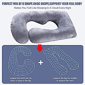 TREE.NB Pregnancy Pillows, U Shape Polyester Maternity Pillow for Pregnant Women Body Feeding Support,with Grey Velvet Cover, Support Pillow with Removable Washable Pillowcase 63''x37.4''x27.5''