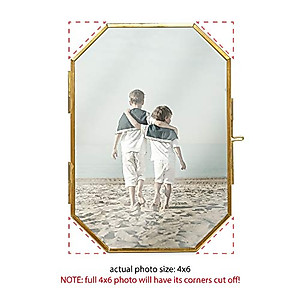 Isaac Jacobs 4x6 Vintage Style Octagon Brass & Glass, Metal Floating Picture Frame with Locket Closure (Vertical), Made for Tabletop Display, (Fits up to a cutout 4” x 6” - See images for other sizes)