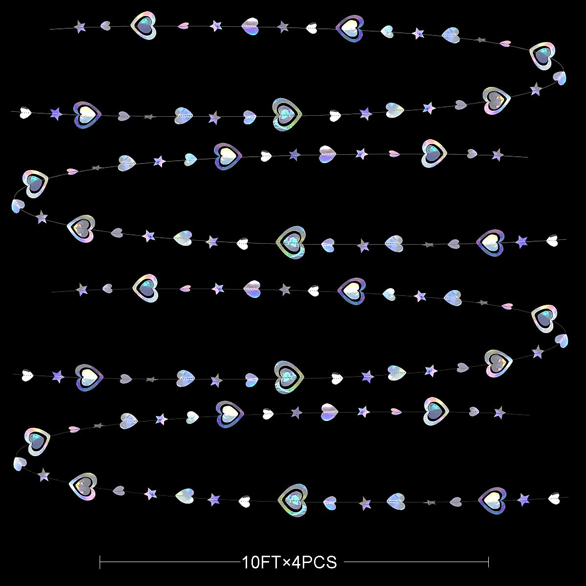 40Ft Iridescent 3D Heart Twinkle Star Garland Holographic Paper Streamer Banner for Birthday Mother's Day Anniversary Engagement Wedding Bridal Baby Shower Hen Valentines Day Party Decoration Supplies