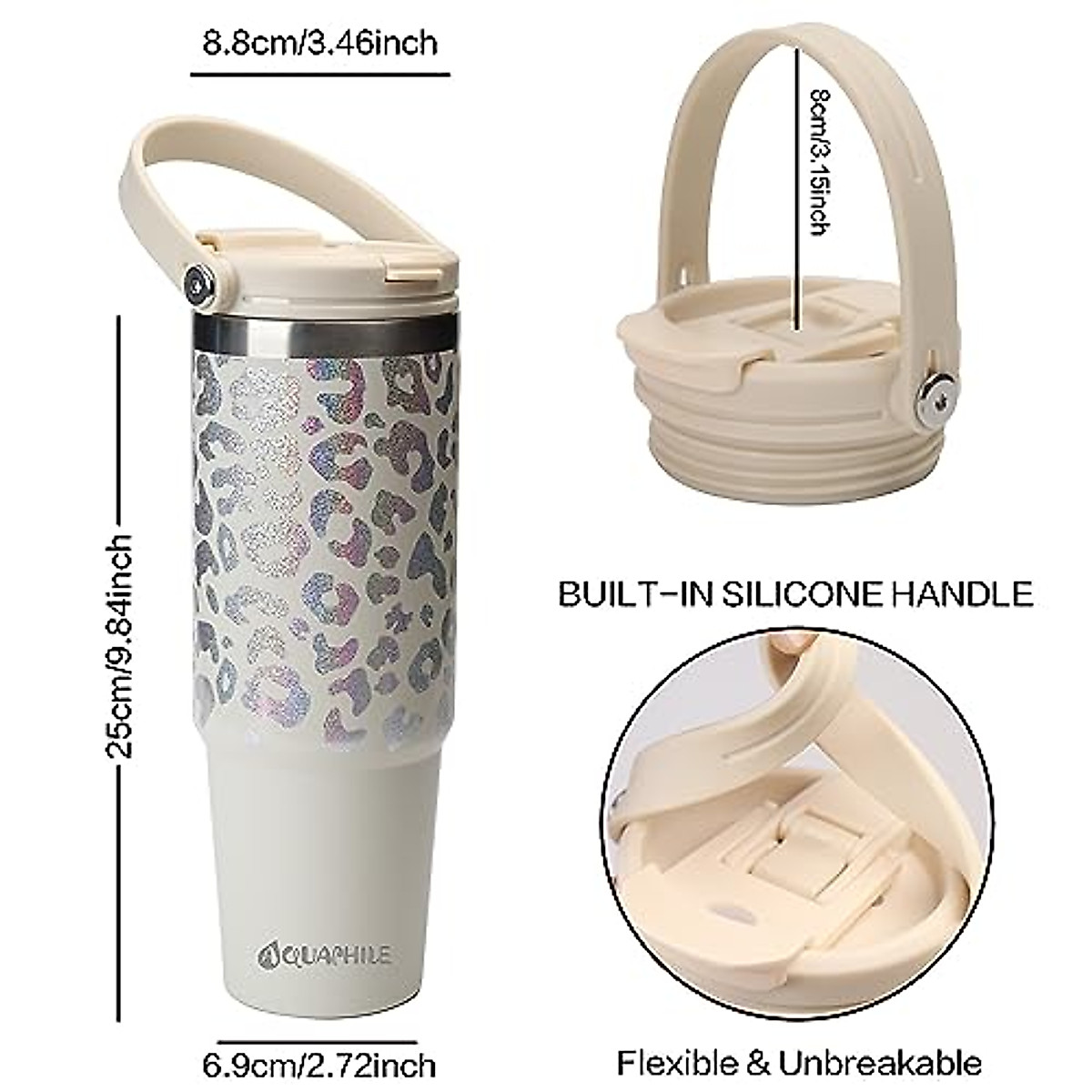 35oz Tumbler with Handle, Insulated Coffee Tumbler with Leak-proof 2-in-1 Lid and Straw, Double Wall Vacuum Insulated Coffee Mug, Stainless Steel Water Bottle for Hot&Cold Drinks(Ivory Leopard)