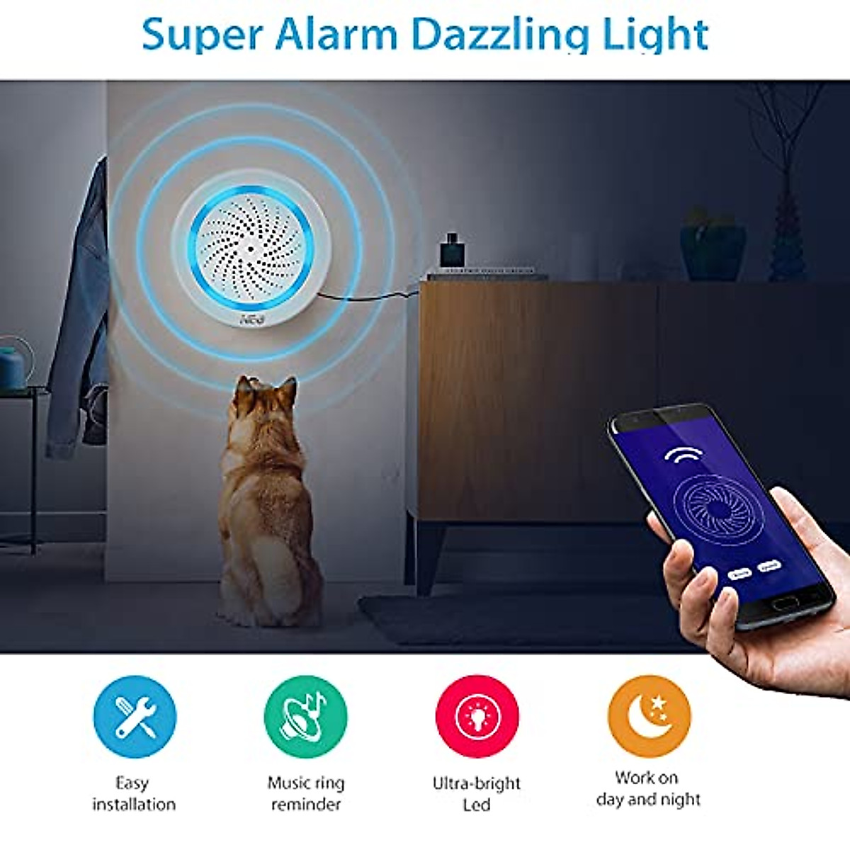 Z-Wave Plus Siren Alarm with Strobe alerts, NEO Smart Siren, Support USB Charge and with Back up Battery Works with SmartThings, Blue