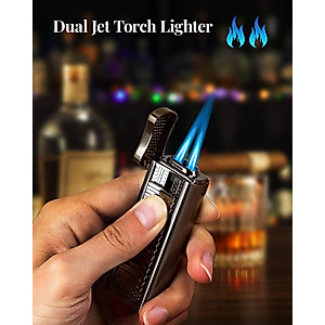 Kollea Torch Lighter, Double Jet Flame Refillable Butane Lighter, Windproof Pocket Lighter with Punch and Stand, Cool Idea Gift for Men (Butane Gas Not Included)