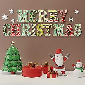 Christmas Decorations - 14 LED Letters Christmas Lights 'MERRY CHRISTMAS' for Christmas Decorations Indoor Home Decor, Surface UV Printing Snowflakes, Christmas Trees, Elk, etc, Warm White