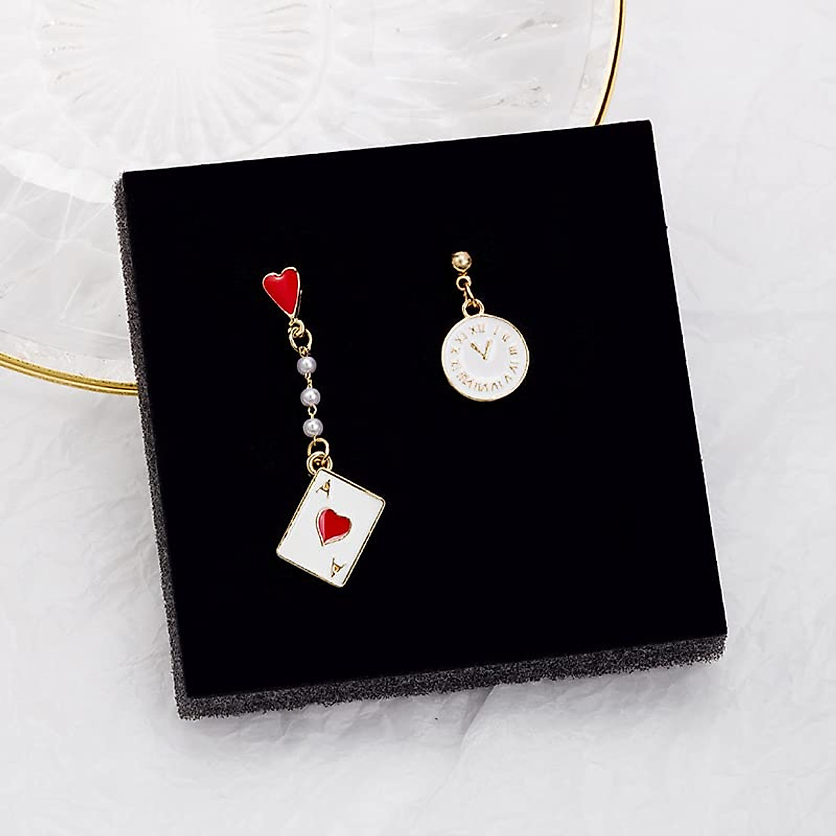 Asymmetric Clock Poker Dangle Earrings Red Heart Ace Enamel Gold Plated Playing Cards Earrings Creative Drop Earrings Jewelry for Women -Red