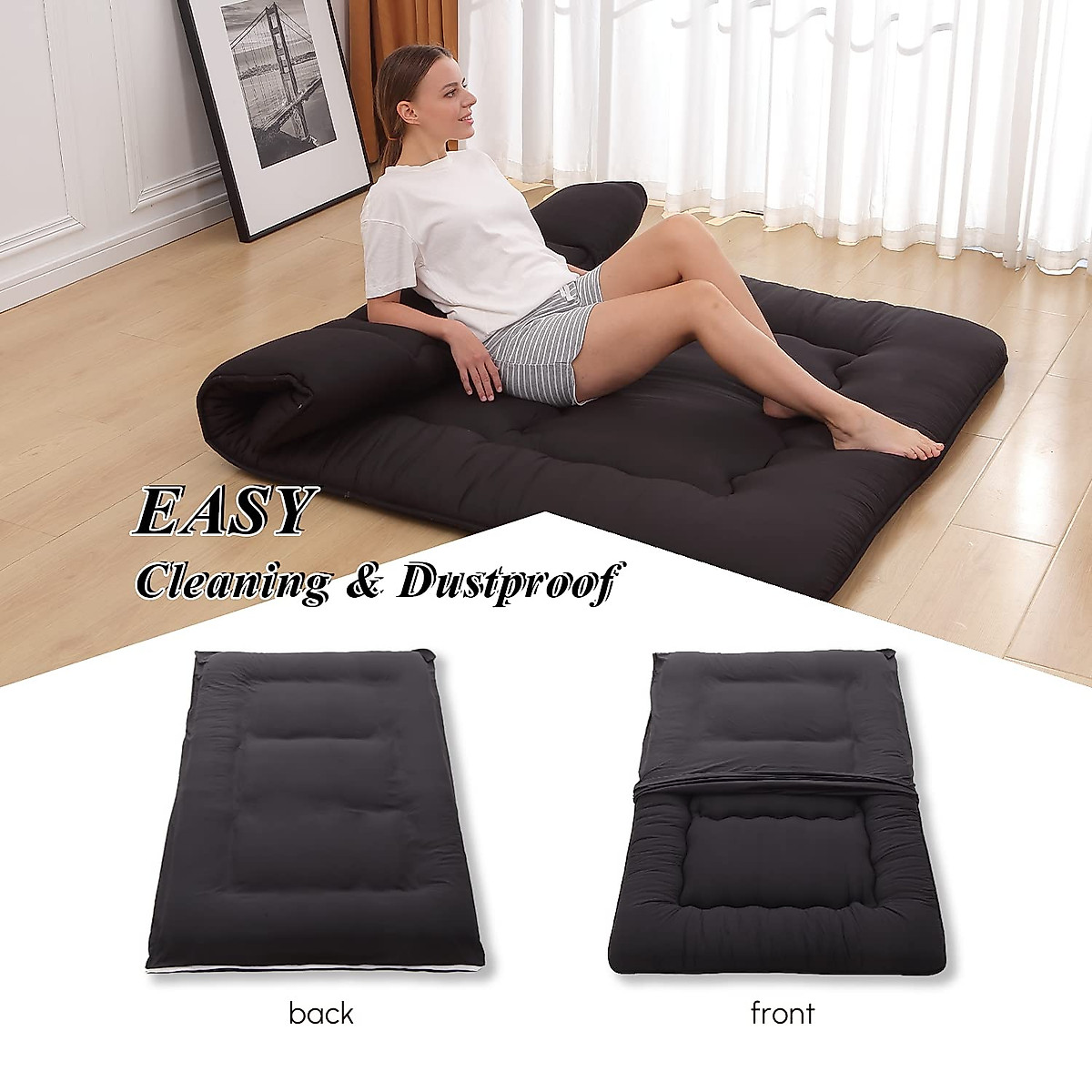 XICIKIN Japanese Floor Mattress, Japanese Futon Mattress Tatami Mat with Washable Cover, Easy to Store and Portable for Camping,(Black, Full)