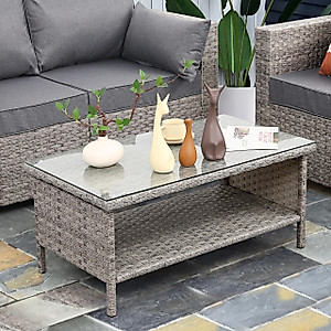 WAROOM Outdoor PE Wicker Coffee Table - Patio Rattan Garden Side End Tea Table with Glass Top Furniture, Grey