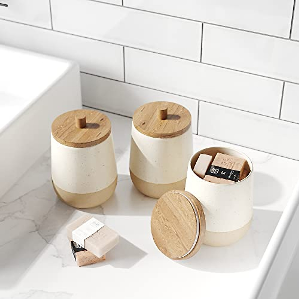 Barnyard Designs S/3 Ceramic Bathroom Canisters, Apothecary Jars with Lid, Qtip Holder Bathroom Set Cotton Ball Holder Jar for Bathroom Storage, Decorative Bathroom Jar with Lid, Spa Decor, 4.75x6, Beige