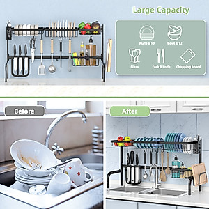PETSITE Over Sink Dish Drying Rack, 21"-39" Length Adjustable, 2-Tier Dish Drainer for Kitchen Counter Storage, with 4 Baskets and 8 Hooks, Cutting Board & Utensil & Knife Holder, Above Sink Dish Rack