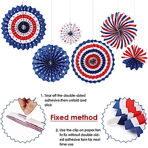 Risshine 4th/Fourth of July Patriotic Party Decorations Set- Red White/Silver Blue Star Streamers and 6Pcs Red White Blue Hanging Paper Fans for American Independence Day Party Decor Supplies
