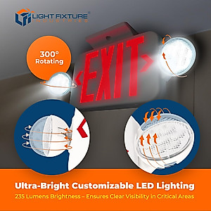 LFI Lights | Combo Red Exit Sign with Emergency Lights | White Housing | All LED | Two Adjustable Round Heads | Hardwired with Battery Backup | UL Listed | (1 Pack) | COMBOJR2-R