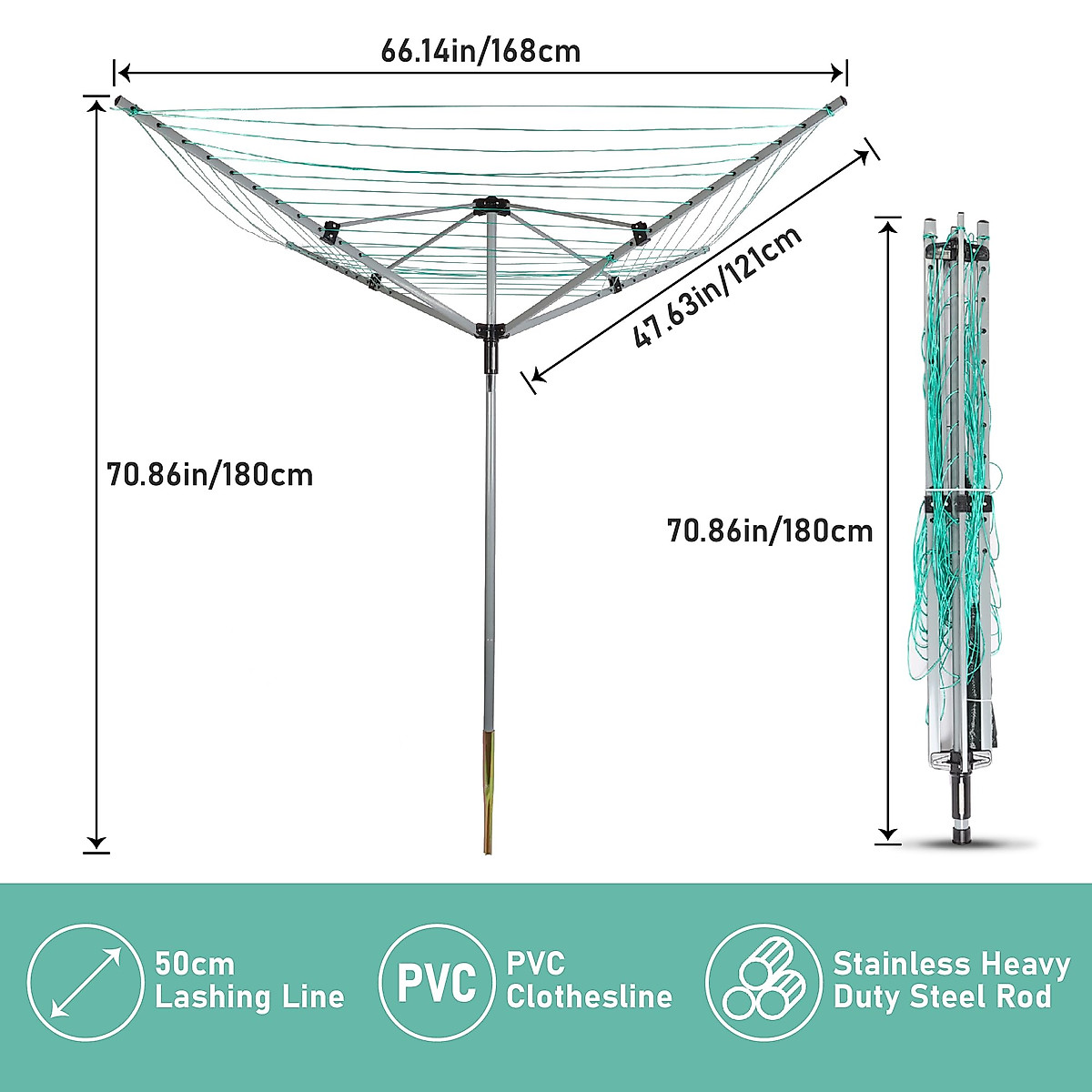 ISXACFF Rotary Outdoor Umbrella Drying Rack Umbrella Clothesline Rotary Dryers Clothes Line 4 Arms Height Adjustable Foldable Retracting 12 Lines with 165ft Clothesline