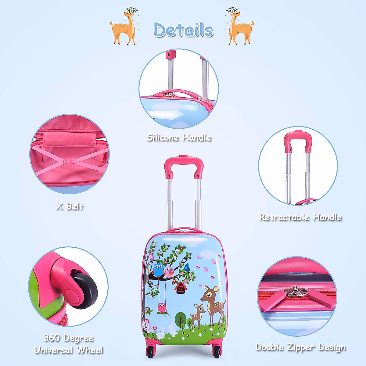GYMAX Kids Carry On Luggage Set, 12" & 16" 2PCS Rolling Suitcase (Deer)