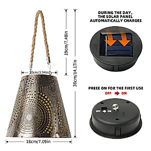 Large Outdoor Hanging Solar Lantern, Waterproof Garden Patio LED Solar Light, Dot Hollowed-Out Design Retro Landscape Metal Decorative Lanterns for Tree, Table, Floor, Yard Decor (1 Pack, Bronze)