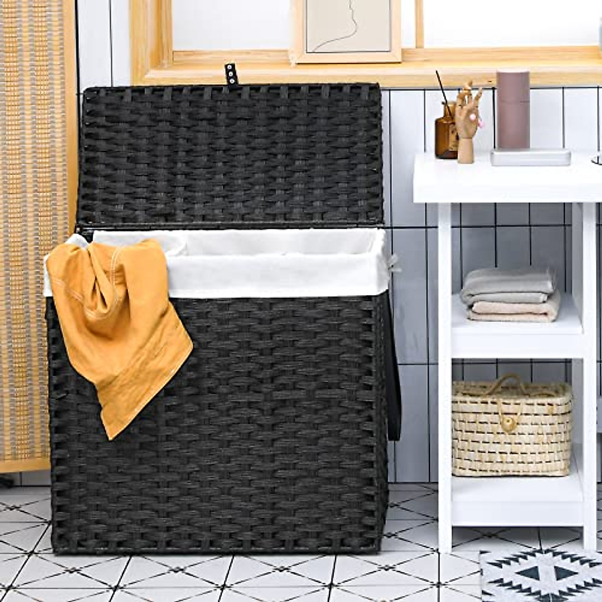 Giantex Laundry Hamper on Wheels, 3 Section 125L w/2 Liner Bags, Rattan Divided Laundry Sorter Clothes Basket w/Lid Handle for Bathroom (Black)