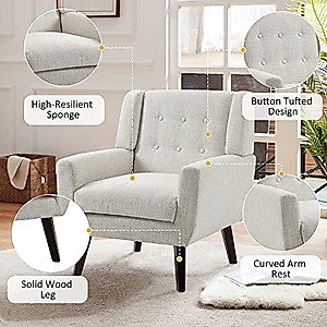 UIXE Comfy Arm Accent Chairs for Bedroom, Mid Century Modern Armchair Living Room Sofa Chair with Wooden Legs, Linen Fabric Button Tufted Upholstered Reading Chair for Home Office (Beige)