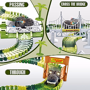 Dinasors Race Track Toy for Boys Girls Race Car Track for Kids Age 3-6 Dino Toys with 192 Flexible Track, 2 LED Dinosaur Racing Cars, Toddler Birthday Gift (Classical)