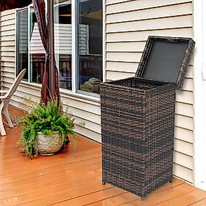 Henf 24-Gallon Outdoor Rattan Trash Can Wicker Waste Basket with Lid, Corner Wastebasket Trash Bin w/Sturdy Metal Frame for Poolside Backyard Patio Kitchen