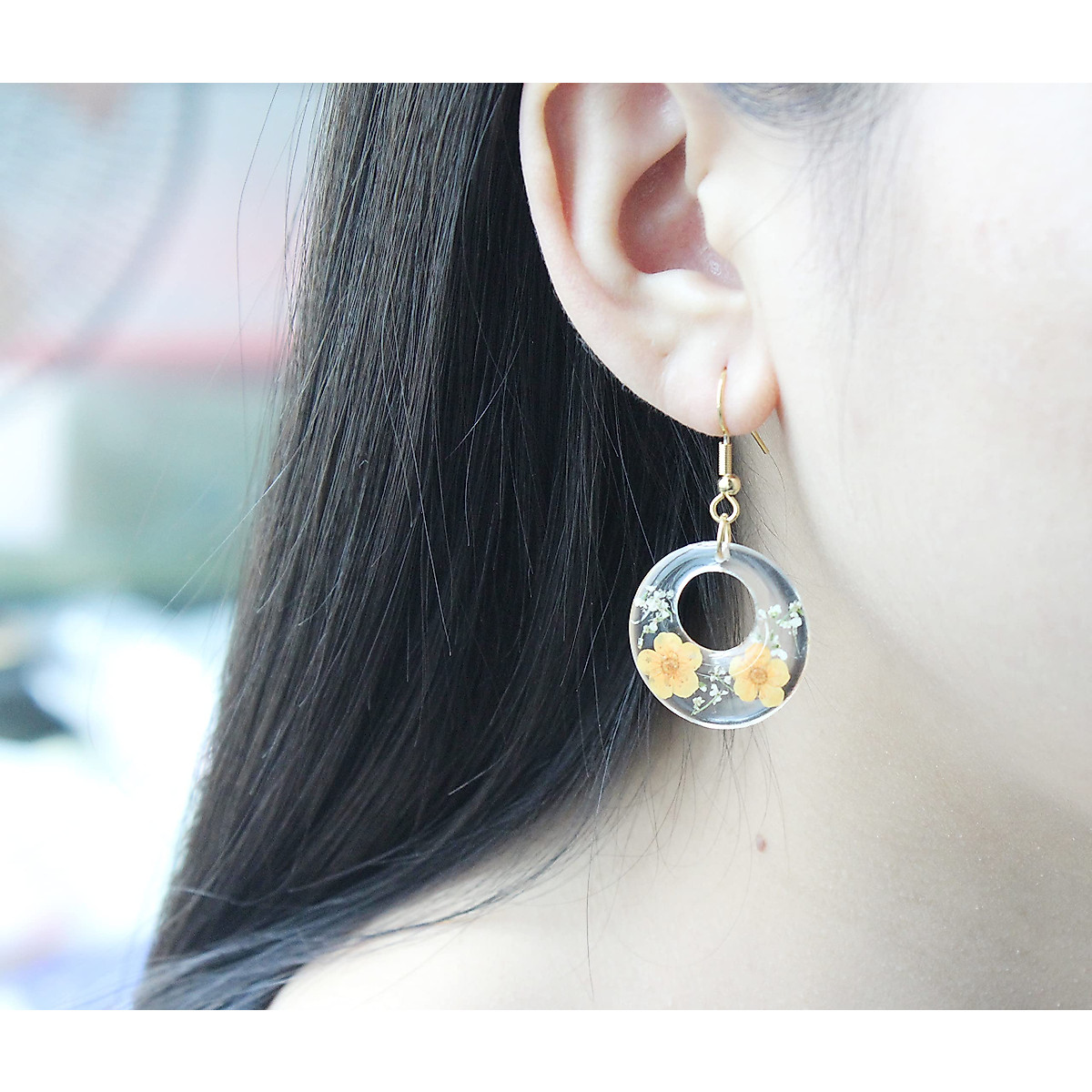 SIEASY Pressed flower Earrings, real Dried Flowers Pendant Earrings Orange Floret Gold earrings