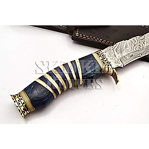 Skokie Knives Custom Hand Made Damascus Steel Hunting Knife Handle Original Camel Bone with Brass Spacer and Pakka Wood A Perfect Grip for Hunters