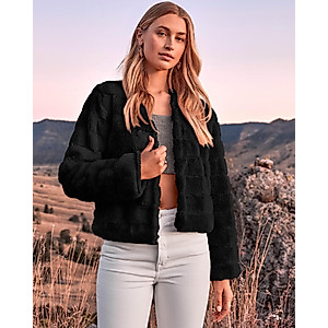 BTFBM Women's Faux Fur Coat Open Front Warm Winter Long Sleeve Outwear Shaggy Jackets Parka Short Cardigan Jacket(Solid Black, Large)