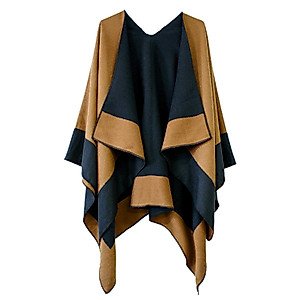 Women's Color Block Reversible Wrap Shawl Poncho Cape (Black 2)